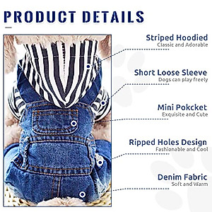 DOGGYZSTYLE Small Dog Hoodie Clothes Cute Stripe Shirts Denim Jumpsuit One-Piece Outfit for Small Medium Dogs Cats Boy Girl Chihuahua Blue Jeans Overalls Puppy Costume (Blue,XS)