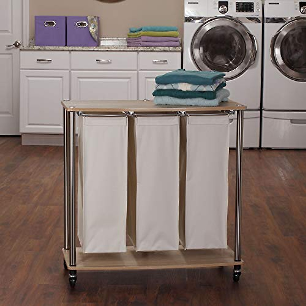 Household Essentials 7050-1 3 Bag Cart | Light Brown Triple Laundry Sorter with Folding Table, Walnut