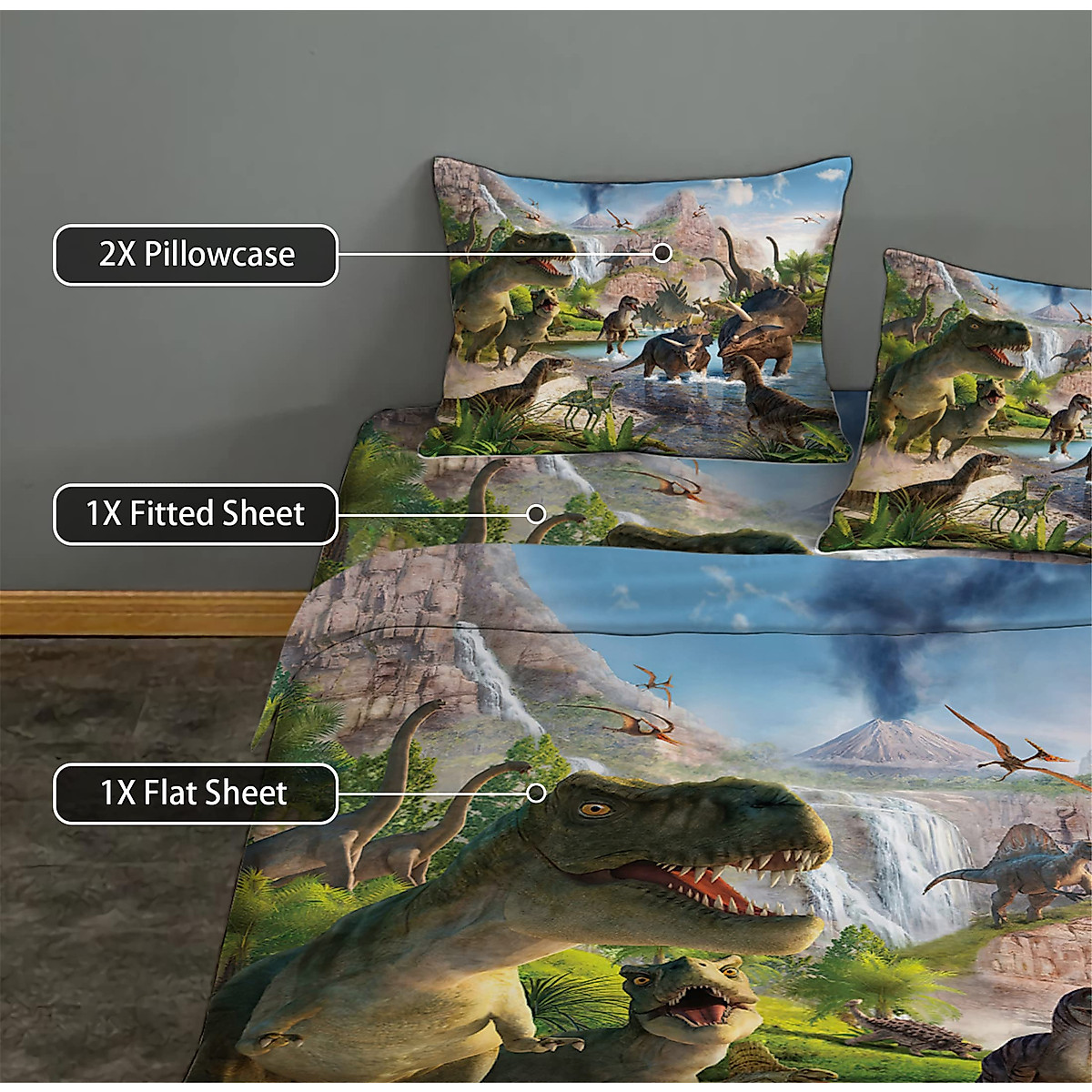 NiuOne 4Pcs Dinosaurs Bed Sheets Set Full for Boys 3D Realistic Dinosaur Green Fitted Sheets Set Ancient Dinosaur Theme Kids/Adults/Teens Bedroom Bedding Sheet Set,Full Size