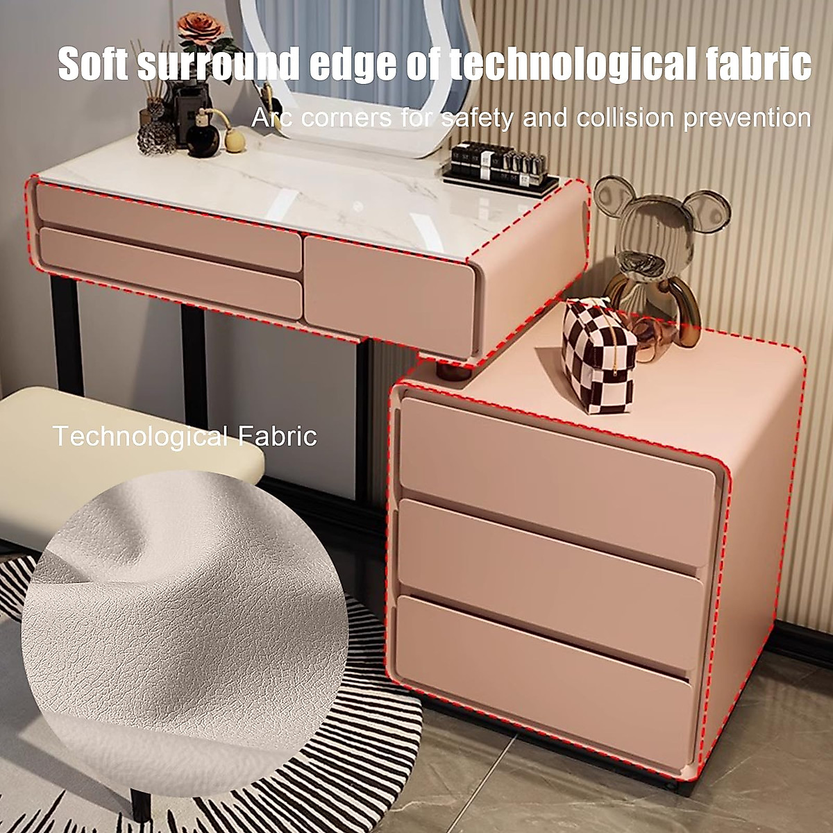 Topjia Vanity Desk Set with Adjustable LED Lighted Mirror, Modern 6 Drawers Makeup Vanity&Acrylic Chair,Makeup Vanity Table Set with Storage Cabinet for Women Girl Bedroom