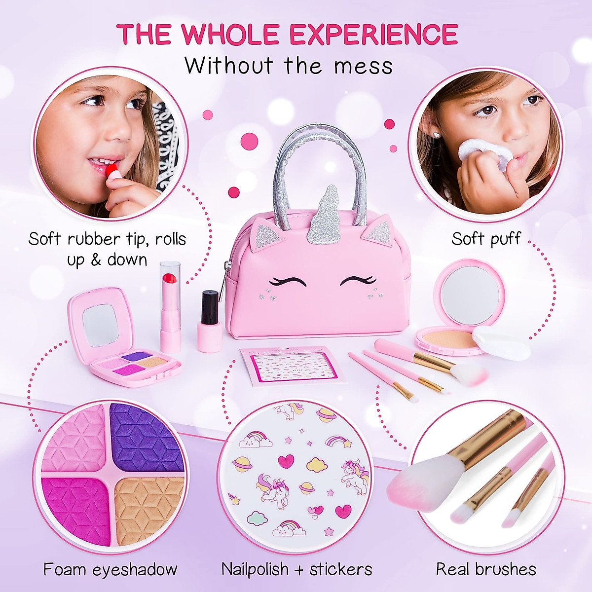 Pretend Play Makeup Kit for Little Girls with Unicorn Purse: Fake (Not Real) Make up Toy Set for Toddlers and Kids - Includes Hair and Nails Accessories, Baby Girl Toys Princess Toddler Gift Set