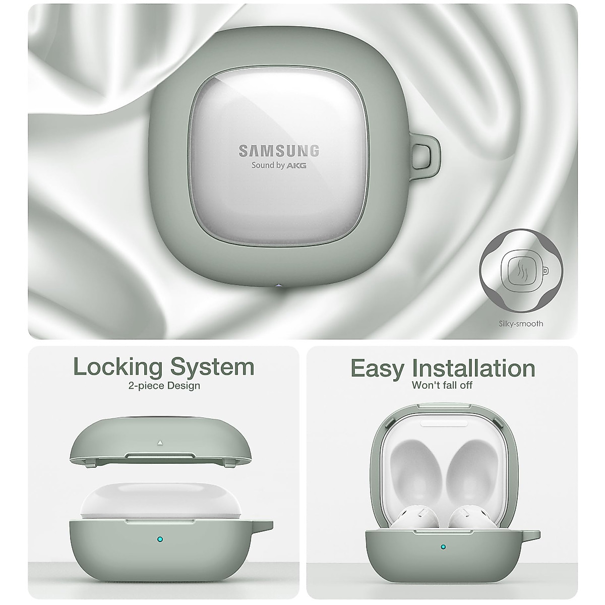 SURITCH Protective Case for Samsung Galaxy Buds FE(2023)/Buds 2 Pro(2022)/Buds 2(2021)/Buds Pro(2021)Buds Live(2020), Shockproof Sturdy Earbuds Cover for Charging Case with Heavy-Duty Carabiner, Green