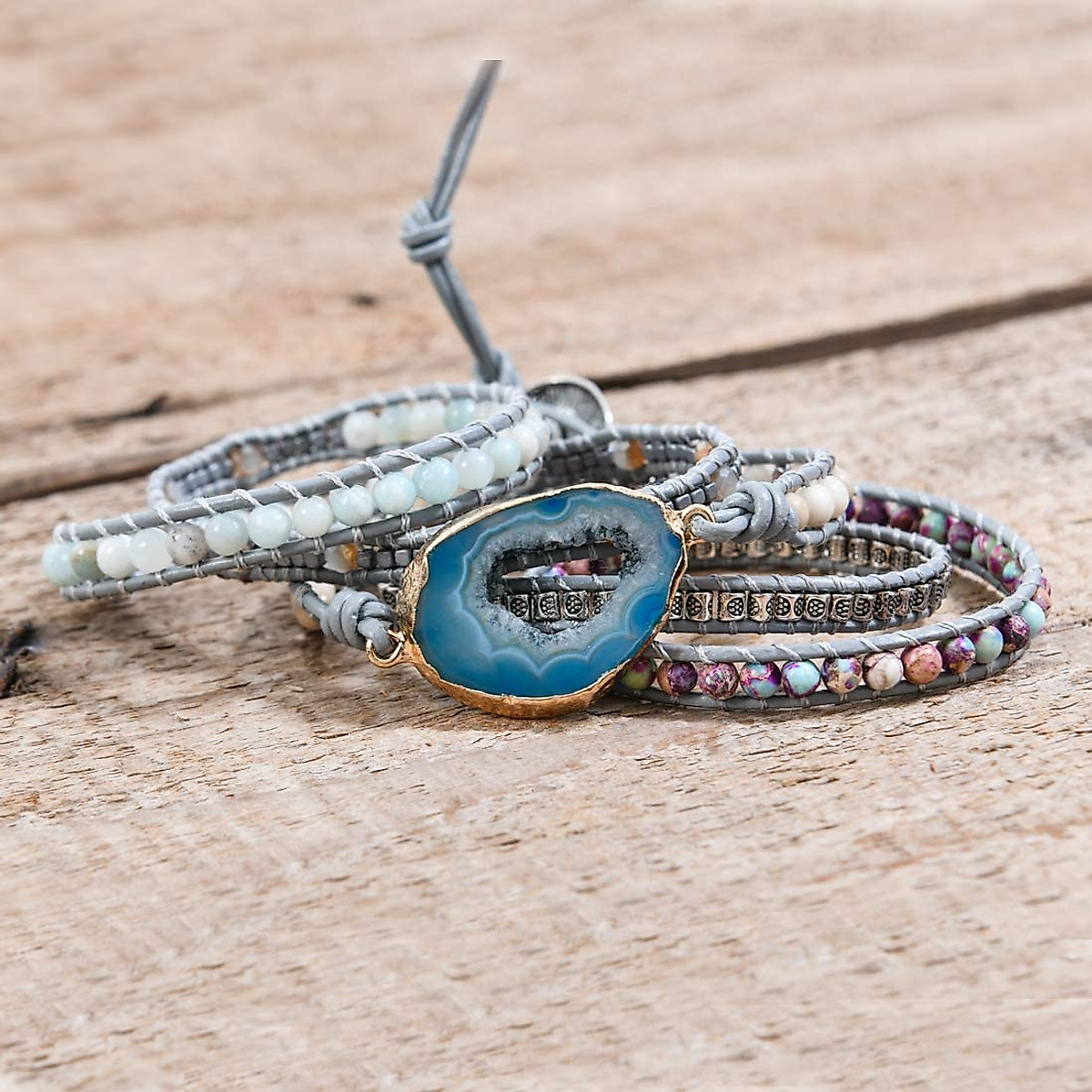 YGLINE Wrap Natural Stones Leather Wrap Around Stone Bracelet 5 Layer Natural Agate Beaded Leather Bohemian Tribal Bracelet