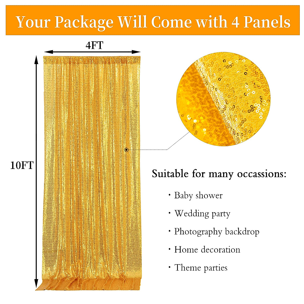 Outpain 16FT x 10 FT Gold Sequin Backdrop Curtain, Not See Through Gold Glitter Backdrop Drapes for Wedding Party Photography Home Decoration, 4 Panels 4FT x 10 FT