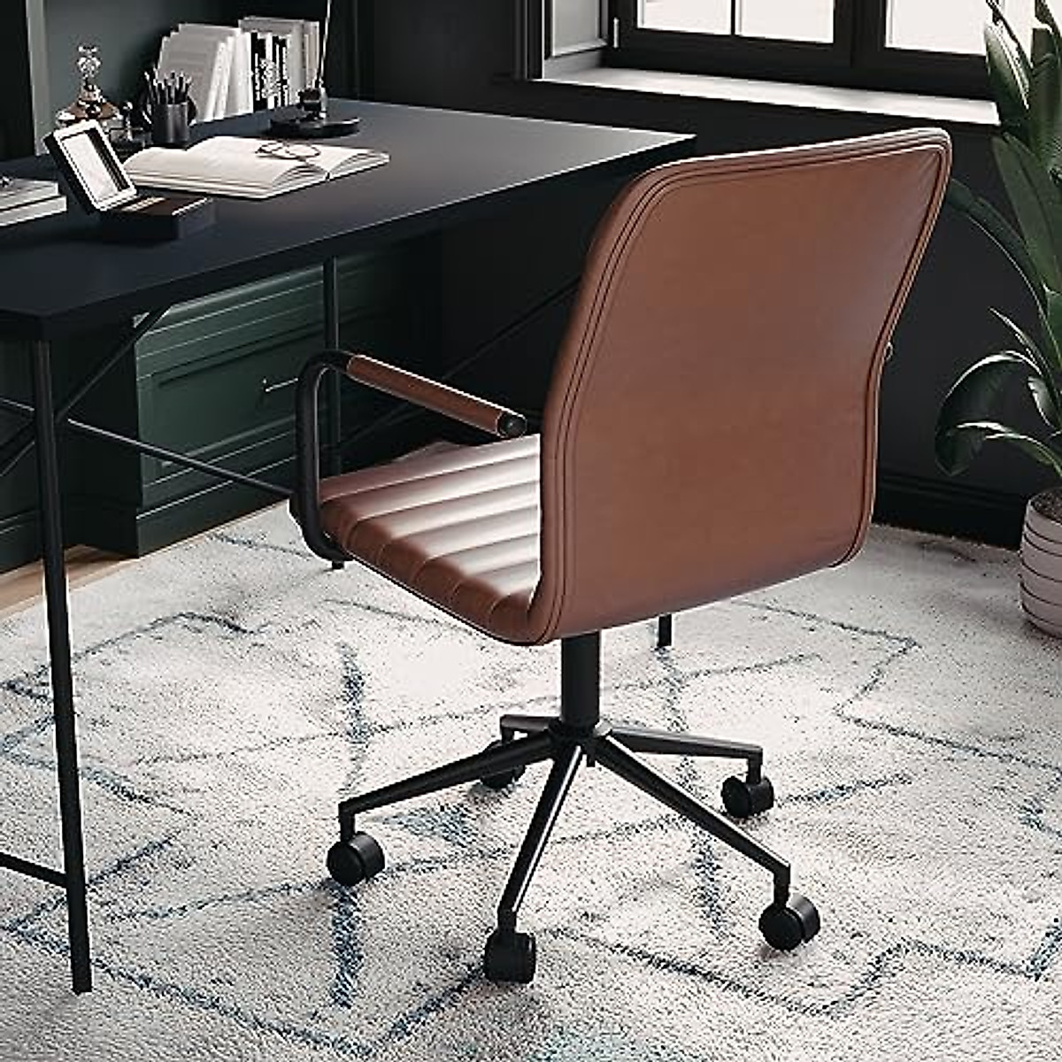 Martha Stewart Taytum Swivel Task Chair with Armrests for Home Office in Saddle Brown Faux Leather with Oil Rubbed Bronze Frame