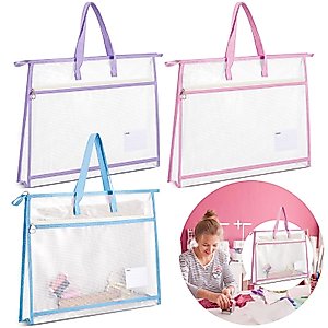 Bulyoou 3 Pcs A3 Project Bag for Quilting Craft Storage for Quilters Clear Mesh Design Art Supply Bag Artwork Storage Organize for Artworks Charts and Teaching Material Multipurpose