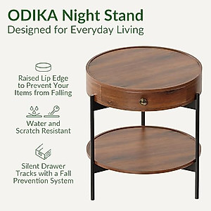ODIKA Beverly Hills Mid Century Modern Side Table - Versatile Round Nightstand with Drawer, Bedside Table and End Table, Small Wood Side Table for Bedroom, Walnut, Set of 1
