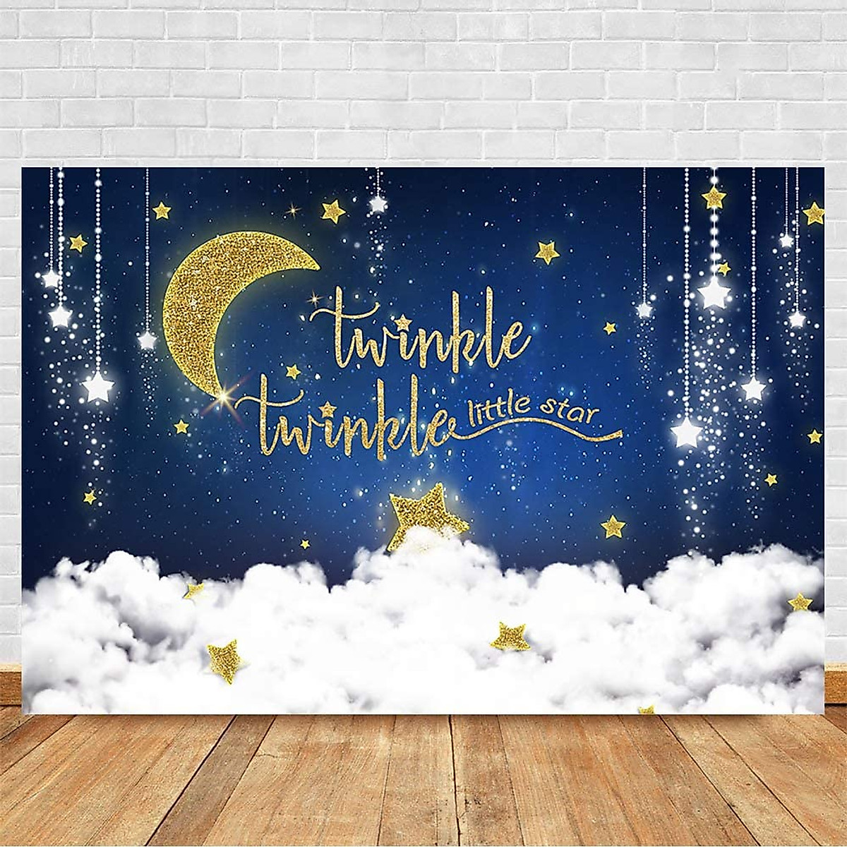 Avezano Twinkle Twinkle Little Star Backdrop, Navy Blue White Clouds Baby Shower Party Decorations 7x5ft Vinyl Gold Moon Glitter Stars Baby Shower Party Banner Photography Background