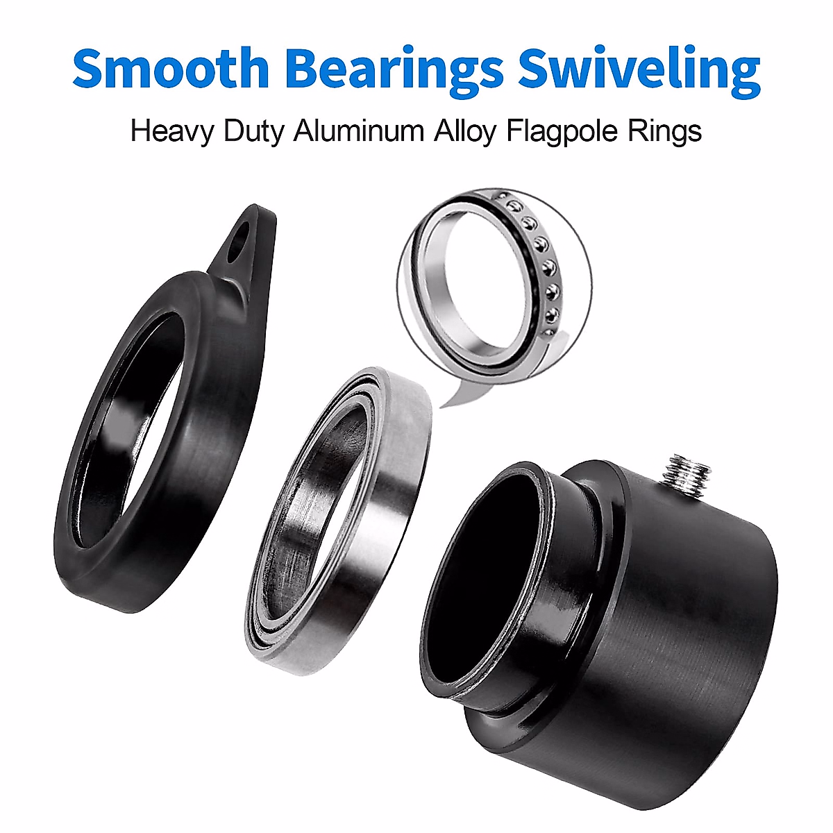 HIBLE 1 Inch Black Flag Pole Ring with Built-in Bearings, Spinning Aluminum Alloy Flagpole Rings, 360 Degree Rotating Tangle Free Flag Pole Spinners (Fit 0.75-1 Inch Pole)