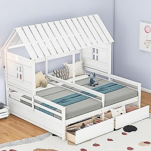 DEYOBED Wooden Double Shared Bed, Twin Size House Bed with 2 Storage Drawers Roof Design, House Platform Bed for Kids, Boys and Girls, Combination of 2 Side by Side Twin Size Beds, White