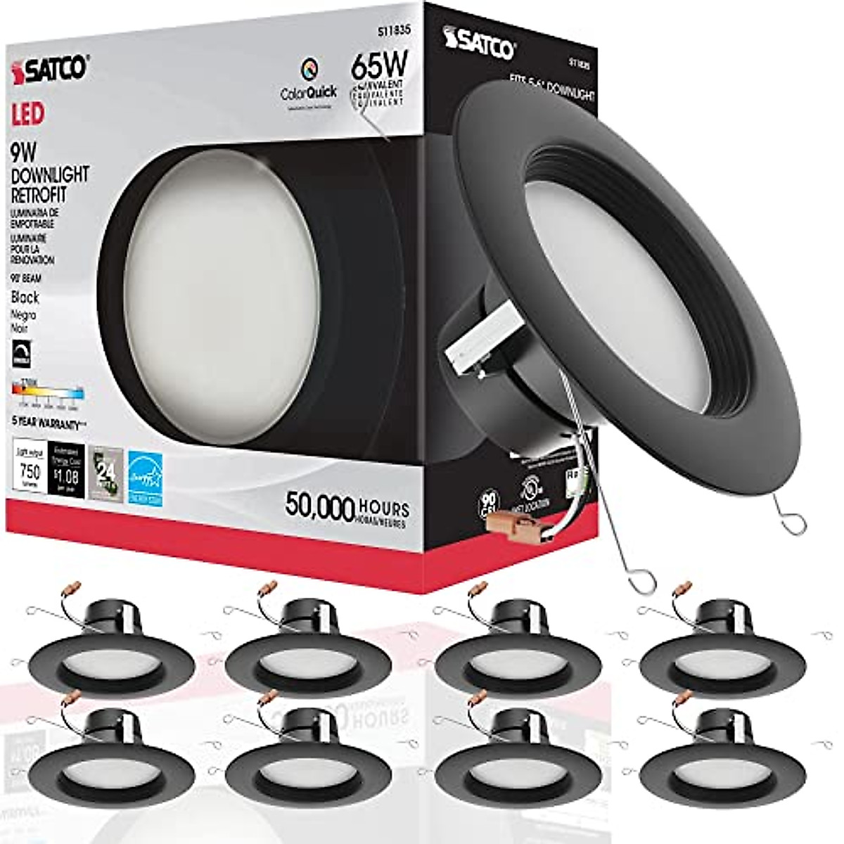 Satco (8 Pack) Led Color Selectable Downlight Retrofits, Part Number S11835, 9 Watt; 5 Inch - 6 Inch; Cct Selectable; 120 Volts; Dimmable; Black Finish for Industrial and Commercial Use