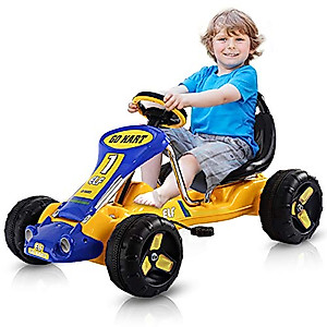 Costzon Kids Pedal Go Kart, 4 Wheel Ride on Car, Pedal Powered Ride on Toys for Boys & Girls with Adjustable Seat, Pedal Cart for Kids 37"× 24.8"× 20.1" (Yellow)