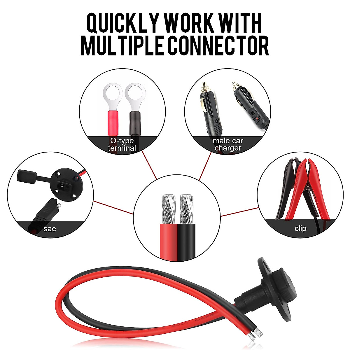 PAEKQ 10AWG Weatherproof Solar SAE Power Socket Sidewall Port SAE Quick Connector Harness Plug and SAE Connector Extension Cable for Solar Panel RVs Motorcycle Generator Battery Charger(1FT)