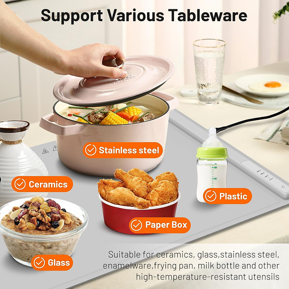 OPYAAON New Electric Warming Tray with Adjustable Temperature, 2024 New Portable Electric Warming Tray Silicone, Foldable Food Warmer Fast Heating for Home Buffets Restaurants (Gray)
