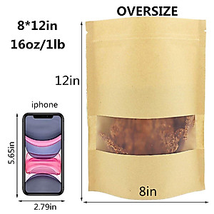 50pcs Kraft Paper Bags with Window Resealable Zip Lock Food Storage Bags Heat Sealable Stand Up Brown Paper Pouches for Cookies Coffee Tea 1lb 8×12in