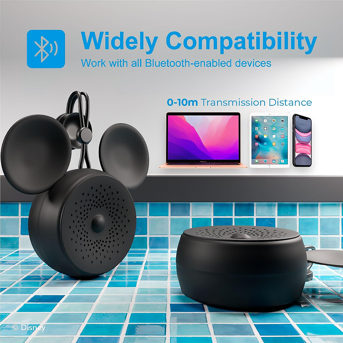 Disney Mickey Mouse Ears Bluetooth Shower Speaker with Suction Cup – Disney IPX4 Rated Water Resistant Speaker for Shower, Baths| Up to 5 HRs Playtime, Built in Button Controls and Mic for Phone Calls