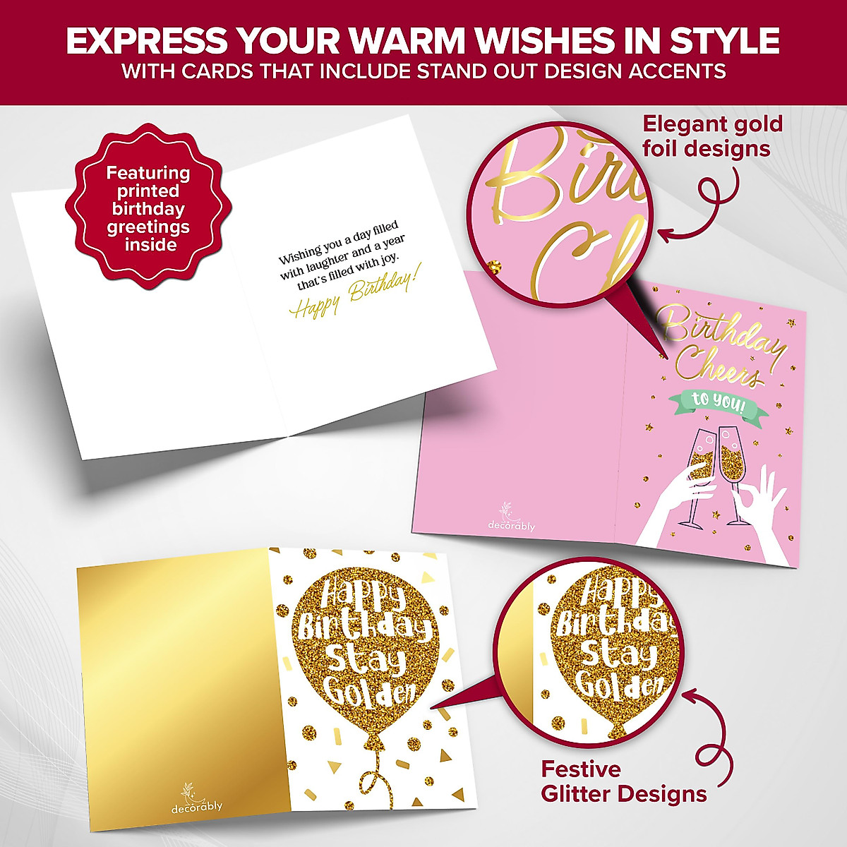 Decorably 50 Pack Foiled & Glittery Assorted Birthday Cards with Envelopes & Stickers - 50 Unique Designs Bulk Birthday Cards Bulk with Message Inside, 6x4in Bulk Birthday Cards with Envelopes