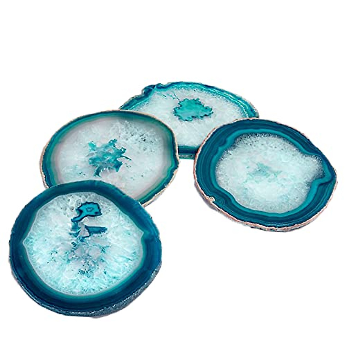 AMOYSTONE Teal Agate Coasters for Drinks Geode Coasters Set of 4 Crystal Quartz Rock Coasters Agate Slices with Rubber Bumpers 3-3.5"