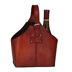 Deco 79 Leather 2 Bottle Wine Holder with Carrying Handle, 12" x 6" x 13", Red