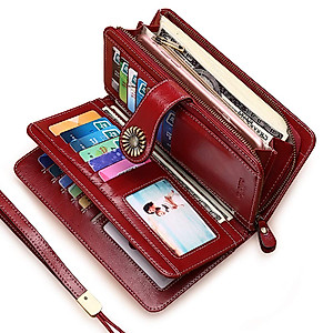 SENDEFN Genuine Leather Wallet for Women Clutch with Strap 24 Card Slots 2 ID Windows Cash Compartments 1 Zipper Pocket Credit Card Holder RFID Blocking Gift Box Included (Red-1)