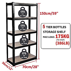 Autofather 5-Tier Heavy Duty Metal Shelving, 59" x 28" x 12" Racking Storage Unit, Black (386LB Capacity Per Shelf), 1929LB Total Capacity Garage Shed Storage Shelving Units, 3 Year Warranty