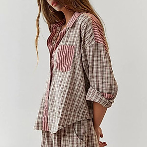 Womens Pajama Sets Spliced Pajama Top & Plaid Pajama Pants Long Sleeve Button Down Sleepwear Two-Piece Pj Set with Pockets Soft Plus Size Matching Christmas Pajamas Cotton Lounge Sets Nightwear