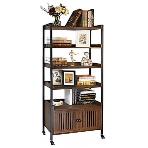 AMOWARE Bookshelf, 5 Shelf Bookcase, 2 Louvered Doors Storage and Metal Frame Wooden Industrial Bookshelf for Bedroom, Living Room, Office, Bathroom Tall Standing Rustic Bookshelf, Brown