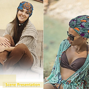 SATINIOR 6 Pieces Women African Turban Flower Knot Pre-Tied Bonnet Beanie Cap Headwrap (Blue Yellow Flower)