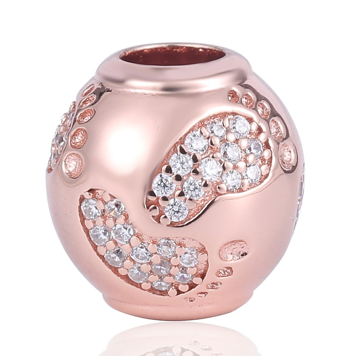 Rose Gold Baby Footprint Charm 925 Sterling Silver New Baby First Step Charms with Clear Cubic Zircon Round Bead Charms for Pandora European Charms Bracelet