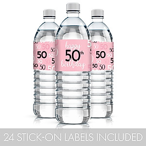 Pink, Black, and White 50th Birthday Party Water Bottle Labels - 24 Count, 50th Birthday Party Decorations for Women