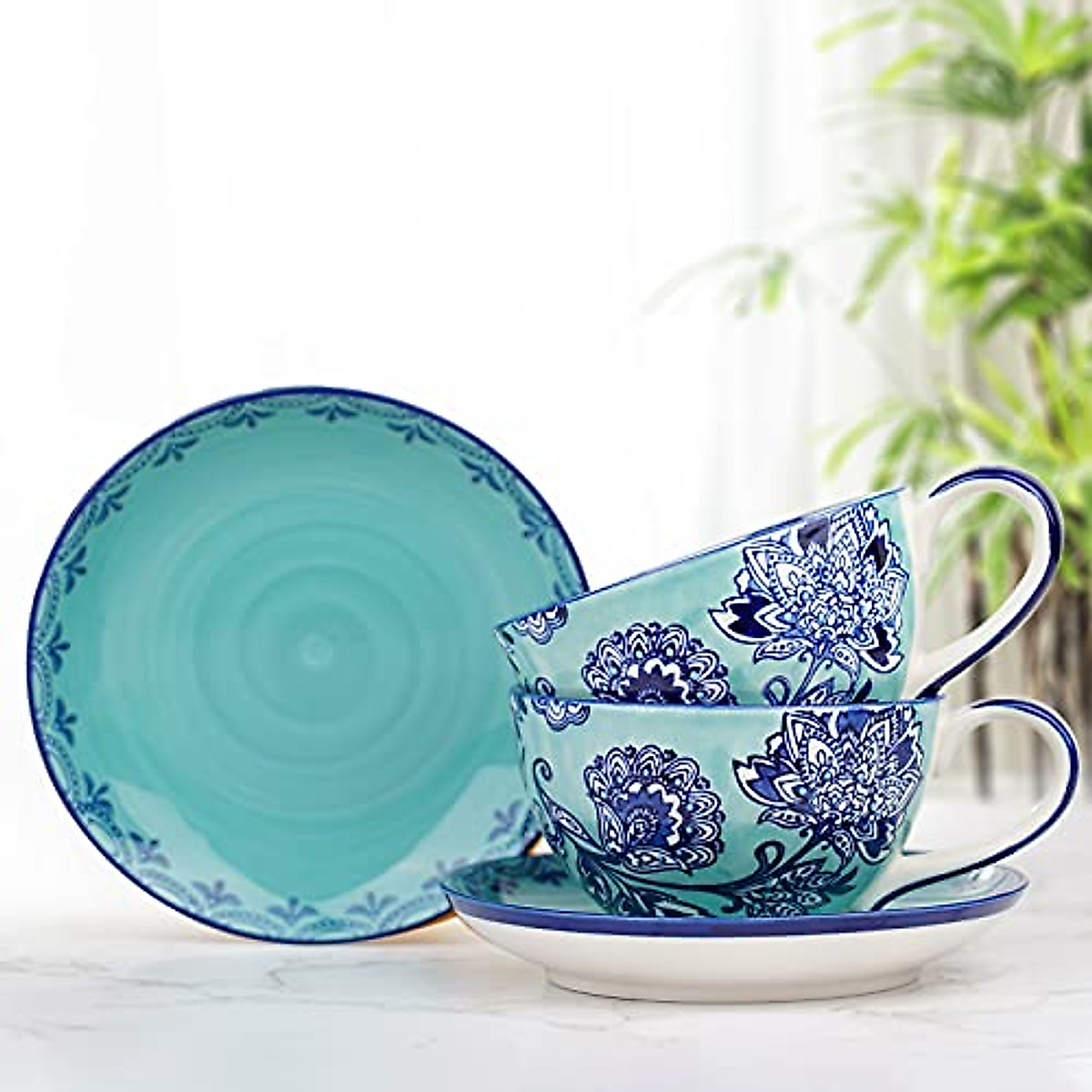 Taimei Teatime Ceramic Coffee Cups and Saucers,10.8oz Tea Mugs with Plates of 2, Green Handpainted Floral Large Tea Mugs for Tea, Cappuccino, Latte or Americano