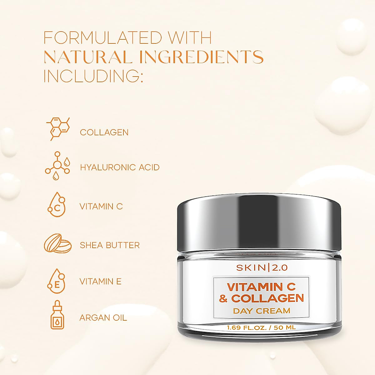 Skin 2.0 Vitamin C & Collagen Face Moisturizer - Dermatologist Tested, Anti-Aging, Skin Tightening - Brightening, Clean Beauty, Cruelty-Free, Korean Skincare for All Skin Types - 1.69 Fl oz