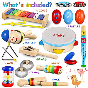 LOOIKOOS Toddler Musical Instruments Set Wooden Percussion Instruments Xylophone Toy for Kids Montessori Toys for 1 Year Old Boys Girls with Maracas Easter Eggs