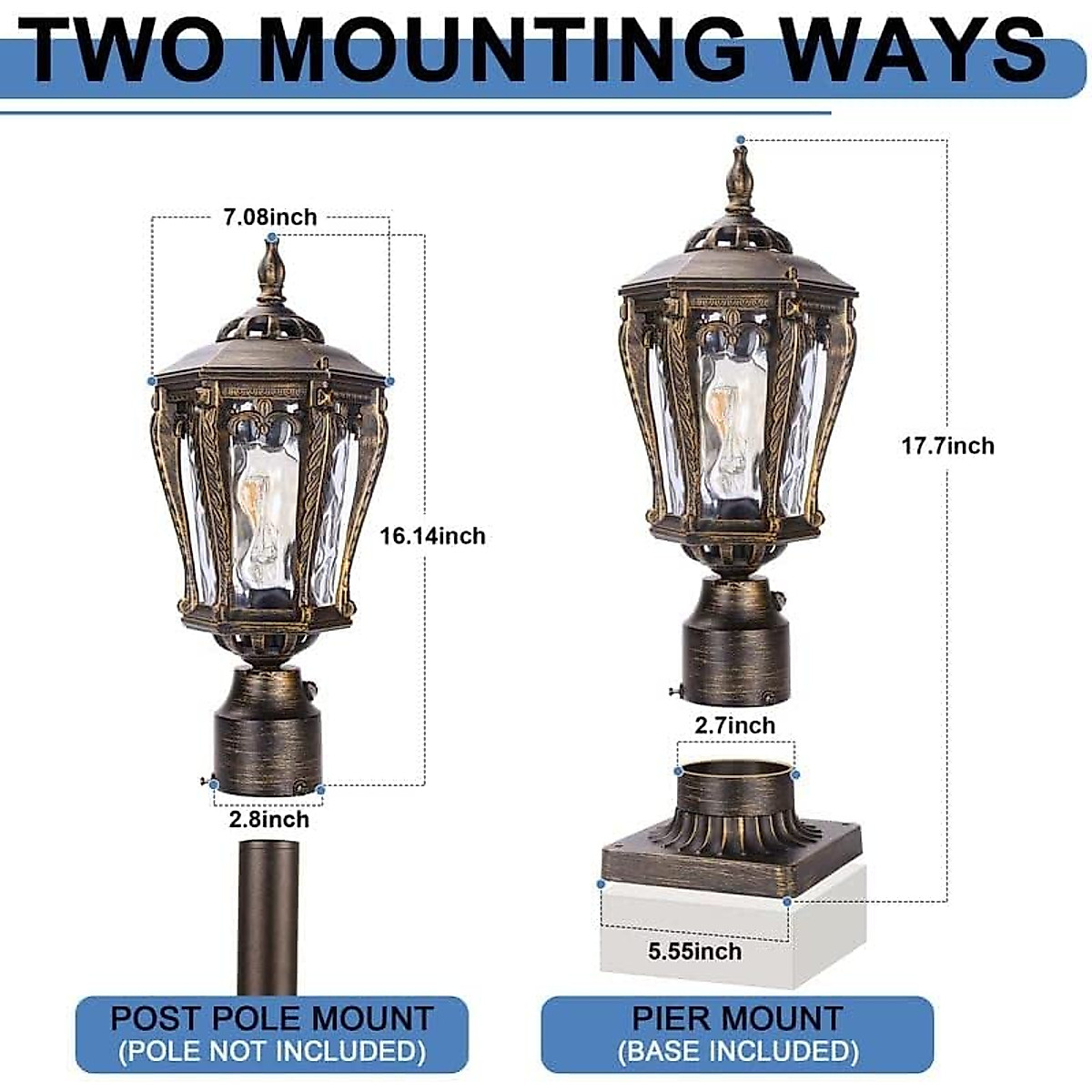 Outdoor Lamp Post Light Fixture with Pier Mount Base,Modern Post Lantern Light Dusk to Dawn Pole Lights Outdoor for Patio,Garden,Backyard,Pathway,Water Ripple Glass,7"W x 17.7"H Waterpoof NO BULB