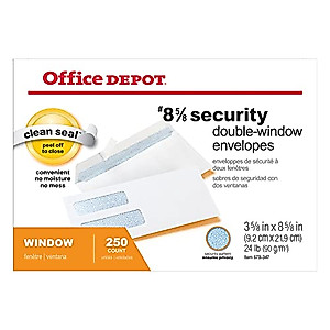 Office Depot Double-Window Envelopes, 8 5/8in. (3 5/8in. x 8 5/8in.), White, Self-Adhesive, Box Of 250, 77159
