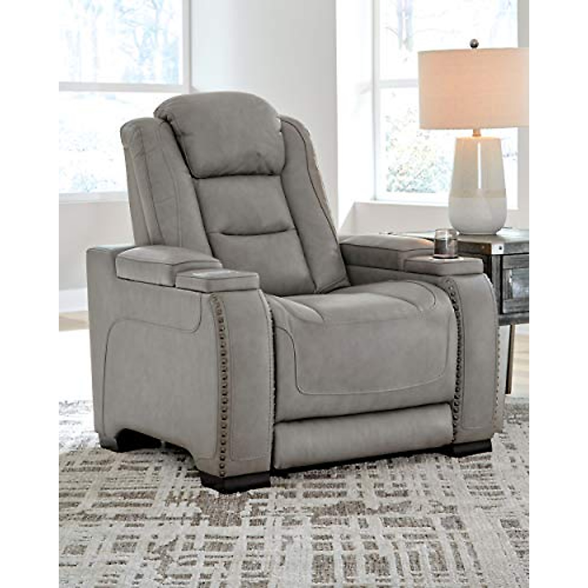 Signature Design by Ashley The Man-Den Leather Power Recliner with Adjustable Headrest & Wireless Charging, Gray