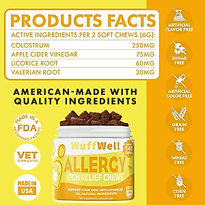 WuffWell Allergy Chews for Dogs - Dog Allergy Relief & Itch Medicine - Allergy Supplements for Dogs Itching/Licking - Aller Immune Bites - Pet Allergy Chews - Allergy & Immune Chews