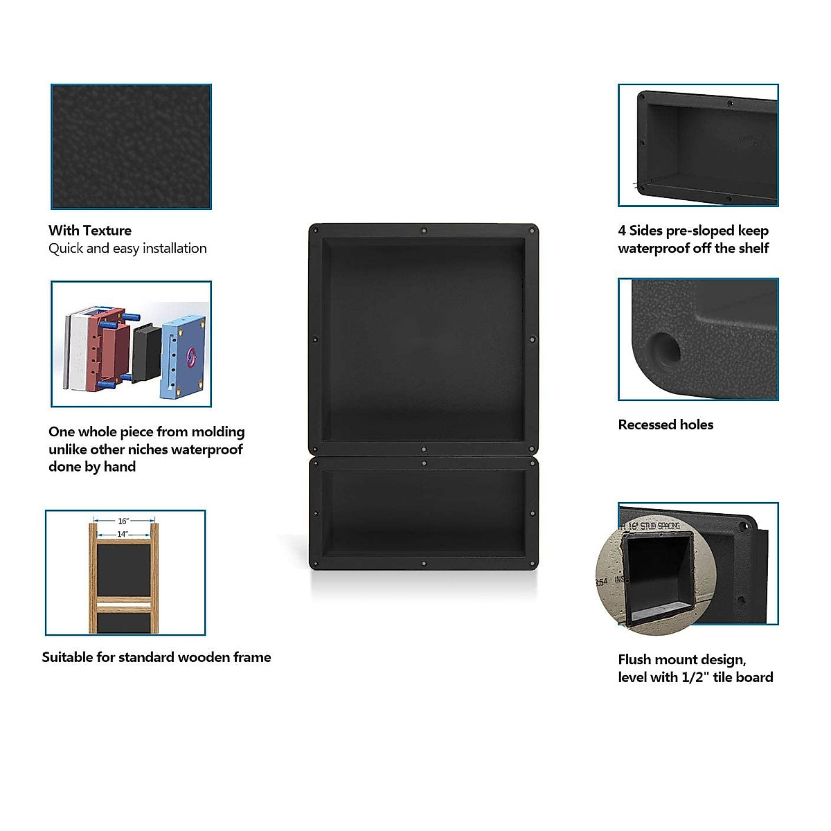 Zigzag Easy Installation Waterproof Double Recessed Shower Shelves Niche, ABS Plastics Bathroom Shower Niche 16 × 24 Inches for Shampoo, Soap and Foot Rest