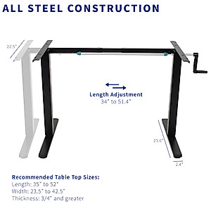 VIVO Compact Hand Crank Stand Up Desk Frame for 33 to 52 inch Table Tops, Ergonomic Standing Height Adjustable Base with Crank Handle, Black, DESK-M051CB