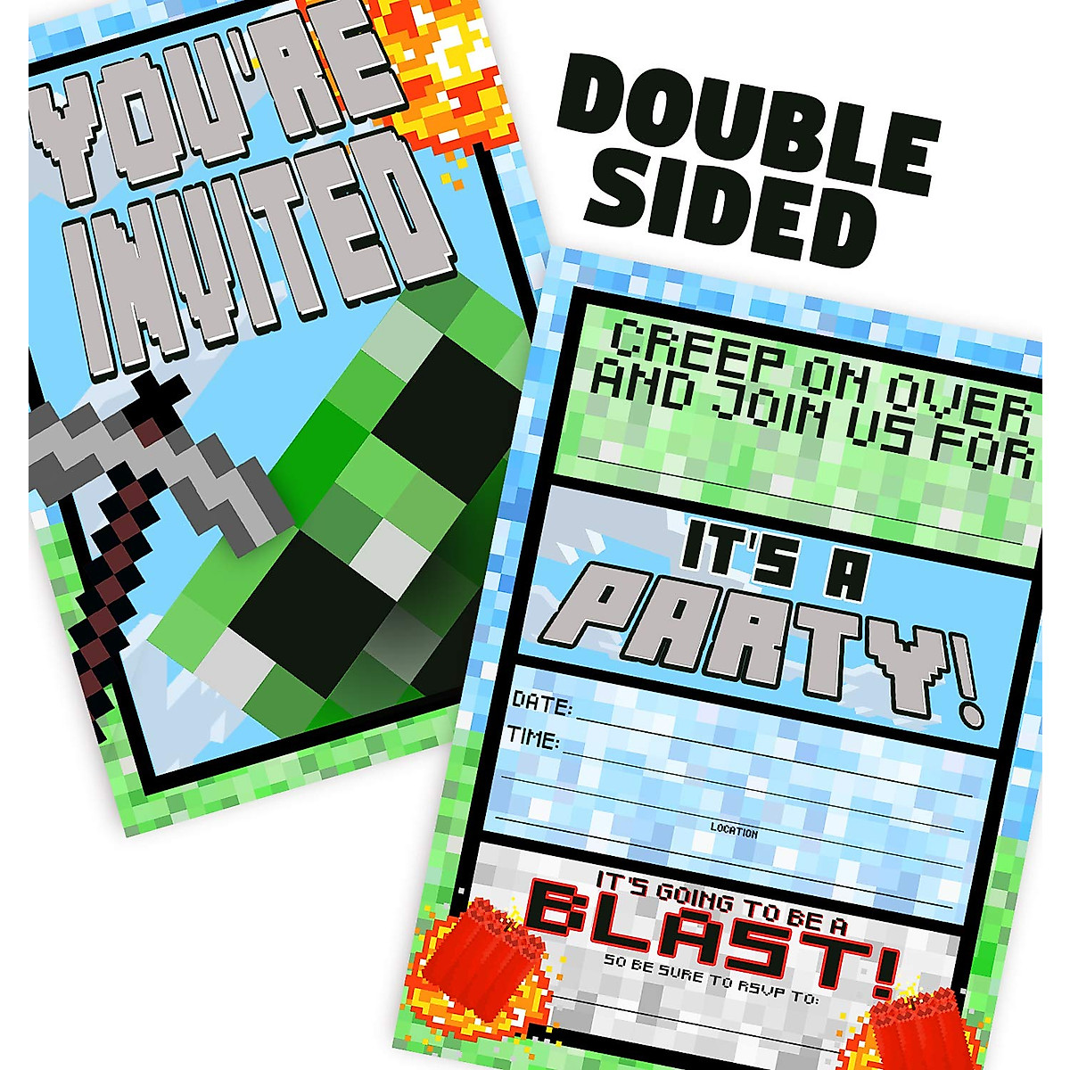 POP parties Pixel Party Invitations - 12 Invitations + 12 Envelopes - DOUBLE SIDED - Video Game Invitations - Game Truck Party Supplies - Brights 12ct