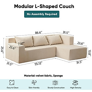 JOYBASE Modular Sectional L-Shaped Sofa Cloud Couch, Modern Minimalist 3-Seat Couch with Right-Hand Facing Chaise for Living Room Office, No Assembly Required (Khaki)