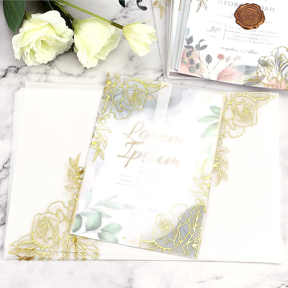 Ayfjovs 120 Pack Luxury Gold Foil Floral Vellum Paper Wedding Invitation Paper for 5x7 Invitations, Vellum Jackets for 5x7 Invitations, Transparent Vellum Wrap for Wedding Baby Shower Birthday