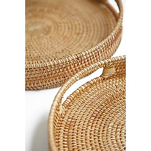 HITOMEN 14.2'' Hand-Woven Round Rattan Serving Tray Decorative Ottoman Wicker Platter with Handles for Coffee Table, Breakfast, Drinks, Snack, Bread, Fruit, Vegetables (Natural-L)