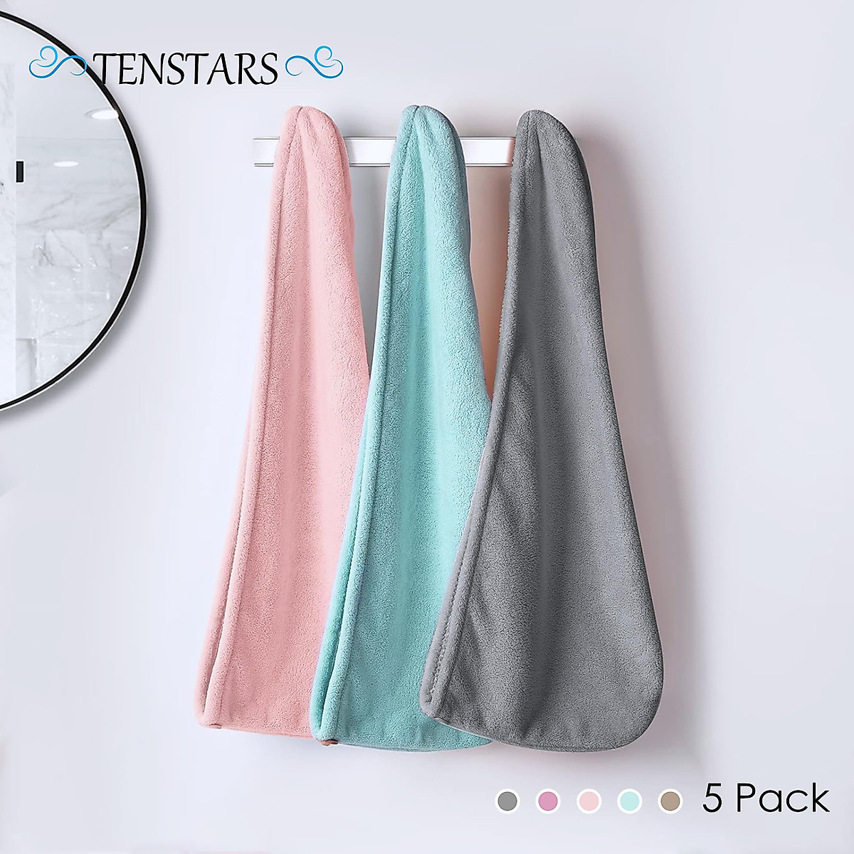 TENSTARS 5 Pack Thicken Microfiber Hair Towel Wrap for Women - Elastic Loop Design - 320GSM Coral Velvet - Quick Dry Hair Turban - 11x28 Inch (Grey+Pink+Brown+FrozenBlue+FrozenBerry)