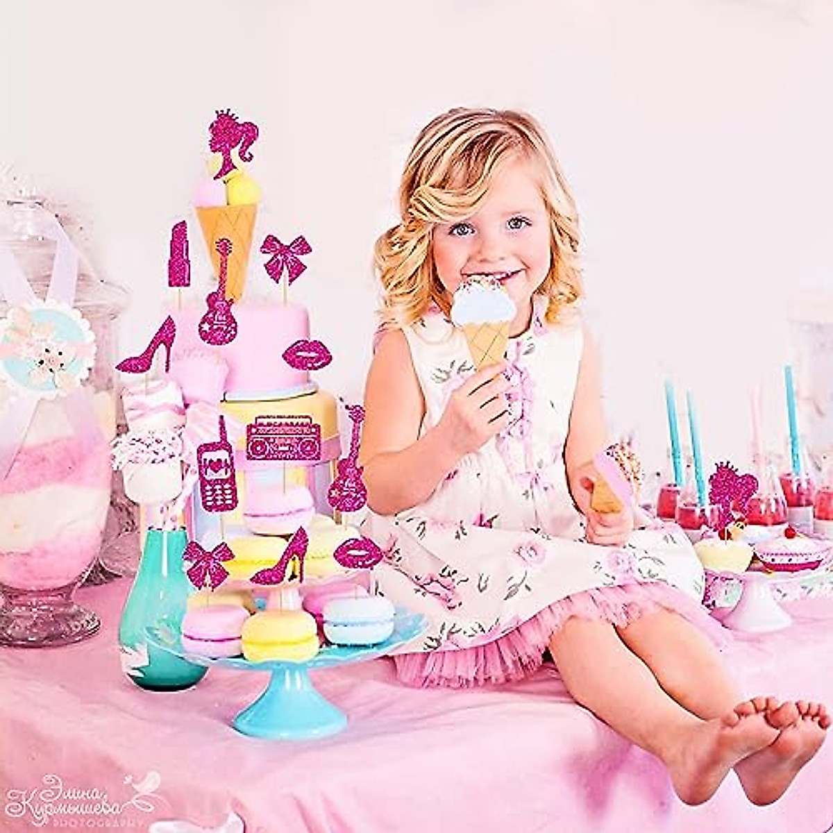 Ufocusmi 24 Pack Princess Party Cupcake Toppers, Glitter Pink Girls Theme Party Decorations, Princess Birthday Cake Topper Bachelorette Party Supplies