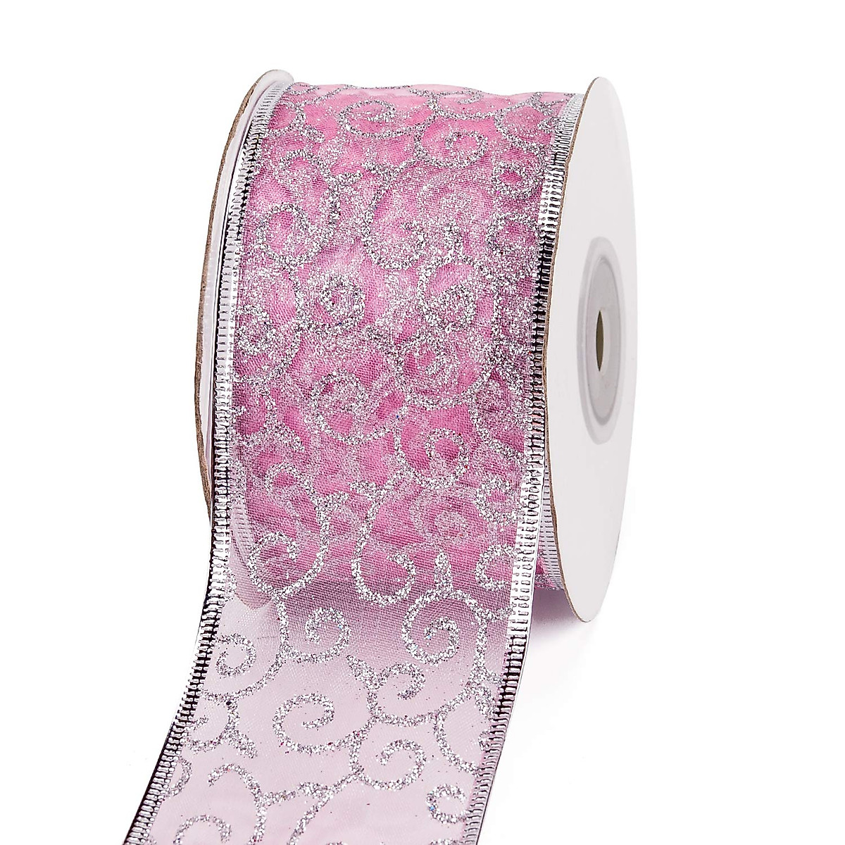LaRibbons Wired Christmas Holiday Ribbon - Lt.Pink Swirl Sheer Glitter Ribbon - 2.5 inch x 25 Yard Each Roll - Silver Wired Edge