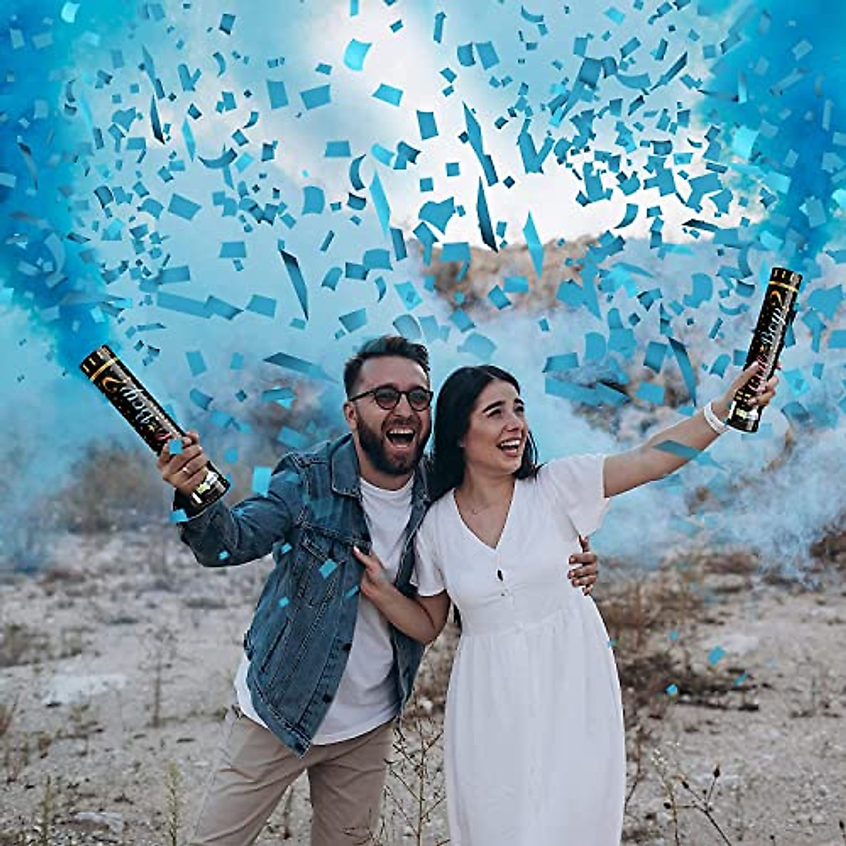 Gender Reveal Confetti Powder Cannon Biodegradable Baby Boy Blue Baby Girl Pink Gender Reveal Poppers - He or She Smoke Bomb Baby Shower Baby Party Decorations Supplies Confetti Sticks (2 Blue)