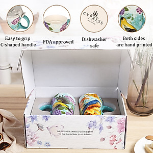 CEDAR HOME Coffee Ceramic Mug Porcelain Latte Tea Cup With Lid 17oz. Goldfinches, Set of 2