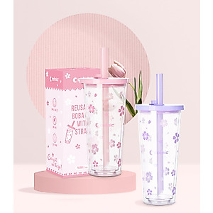 Colnic Reusable Boba Cup With Lids And Straws, 24Oz/700ml Smoothie /Iced Coffee Cup, Leakproof Kawaii Cup Tumbler With Boba Reusable Straw,Double Wall Clear Insulated Bubble Tea Cup