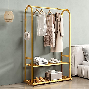 BUZUEY Gold clothing rack,Heavy duty clothes rack,Small clothing racks for hanging clothes,Wardrobe Rack,rack for clothes to hang,garment rack with bottom shelves,hanging racks for clothes(L:31.5in)